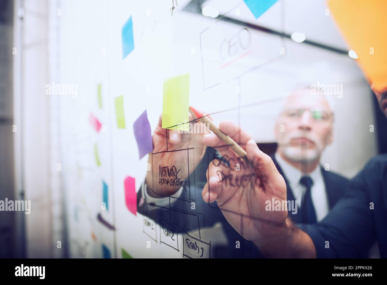 Business people work together drawing a business diagram with marking ...