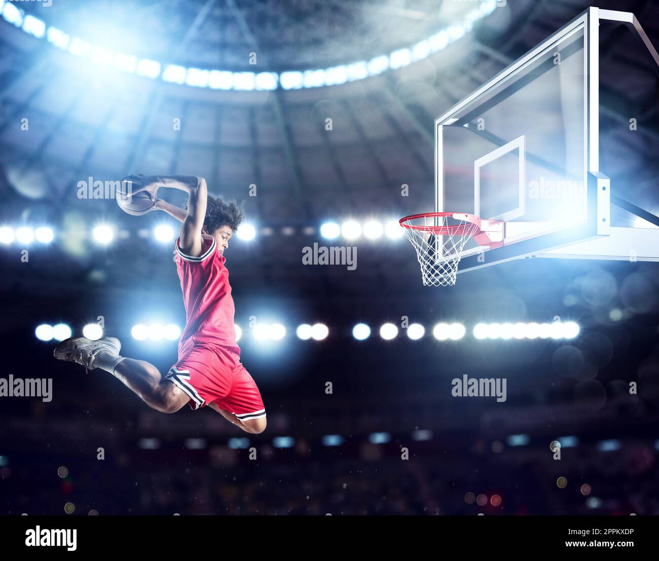 Jumping Player throws the ball in the basket in the stadium full of ...