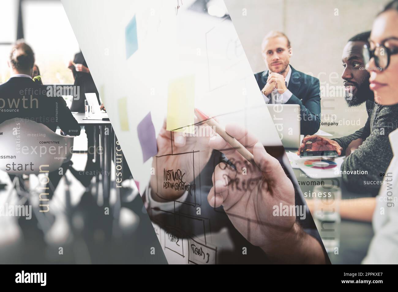 Collage of business people work together drawing a business diagram ...