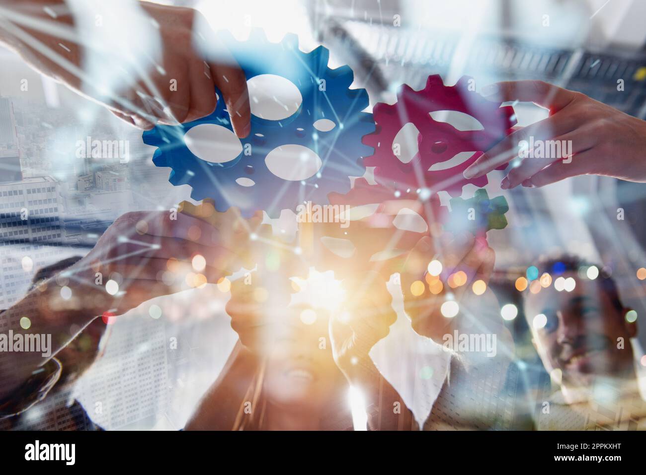 Business team connect pieces of gears. Teamwork, partnership and ...