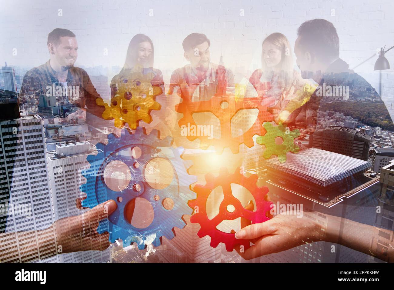 Business team connect pieces of gears. Teamwork, partnership and ...