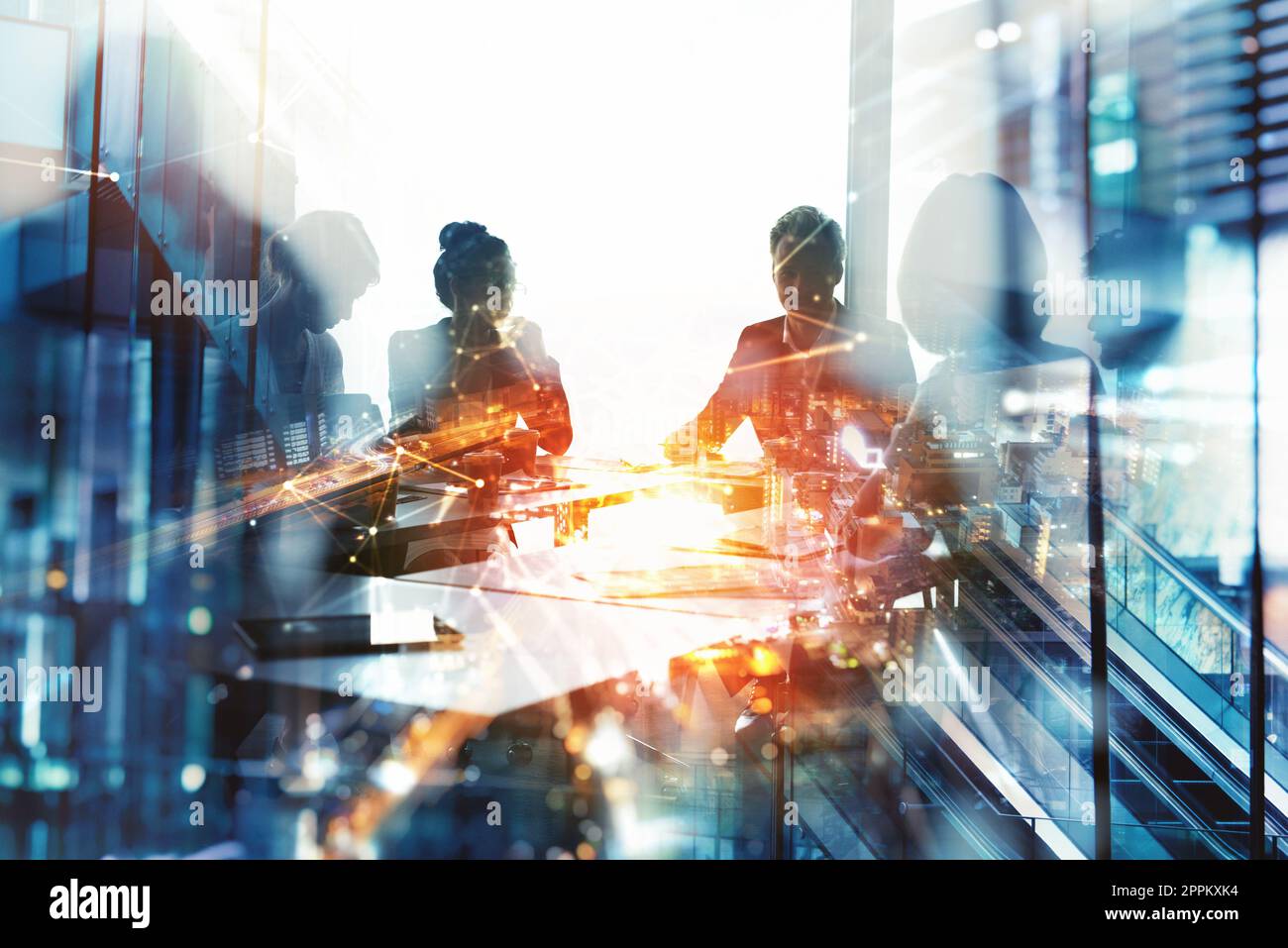 Background concept with business people silhouette at work. Double ...