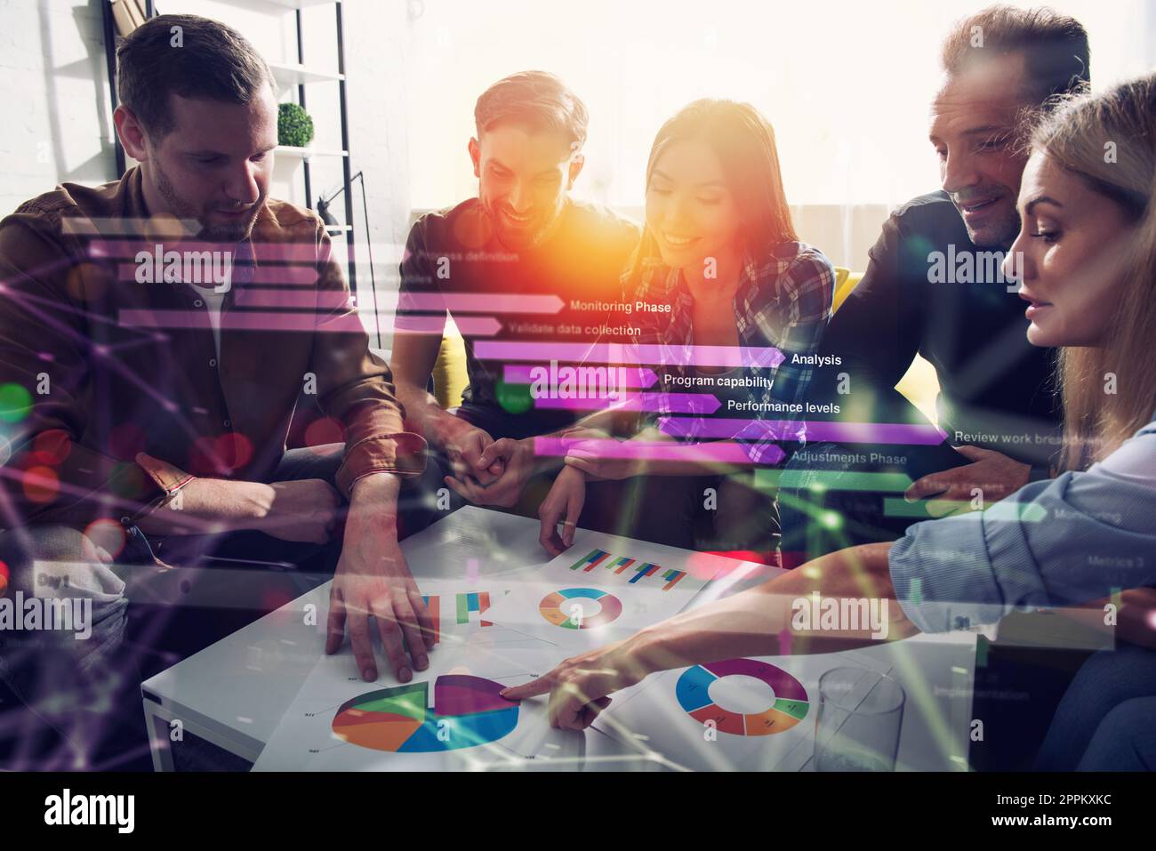 Team of people work together in office with company statistics. Concept ...