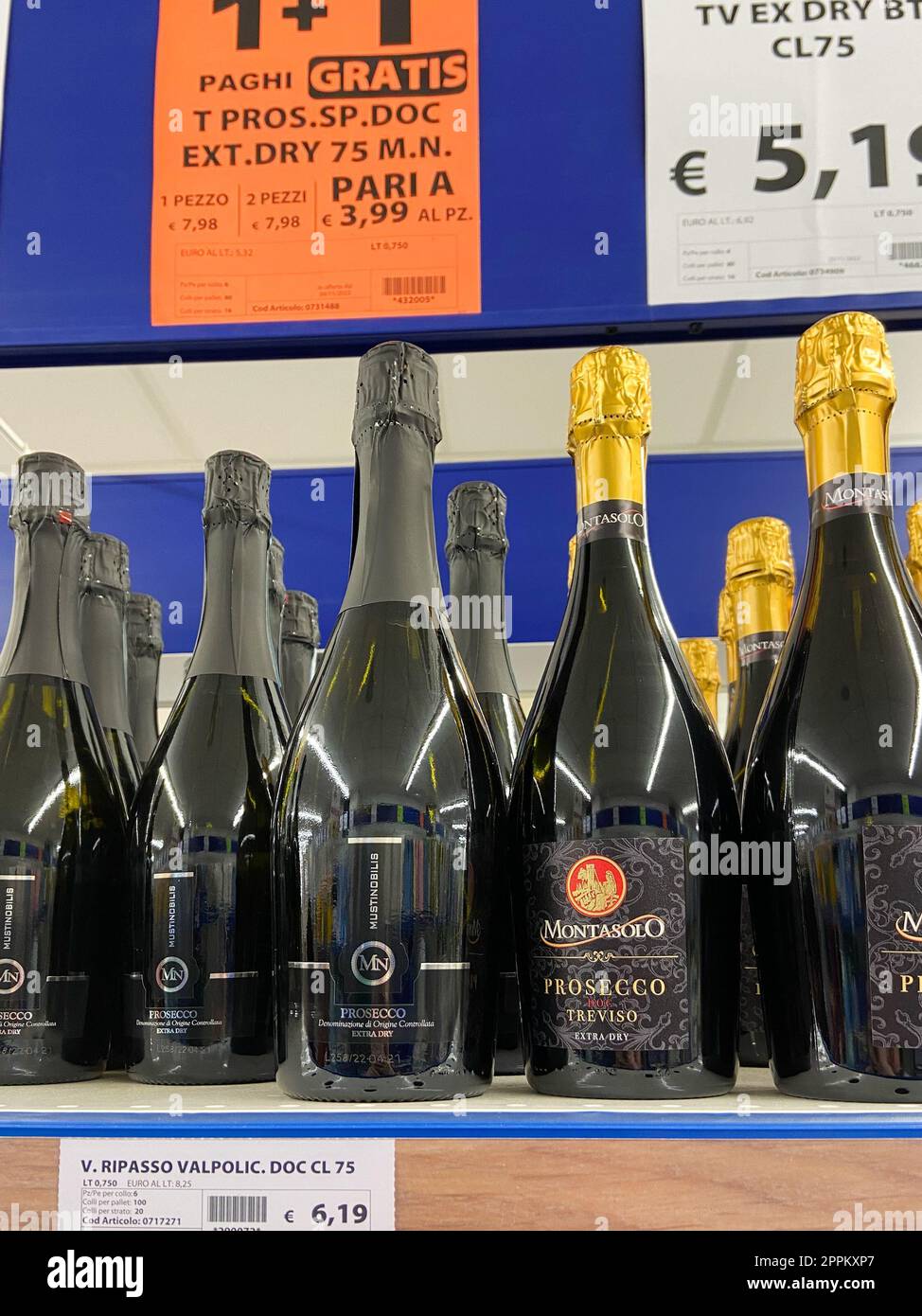 various prosecco wines and prices in supermarket Stock Photo - Alamy