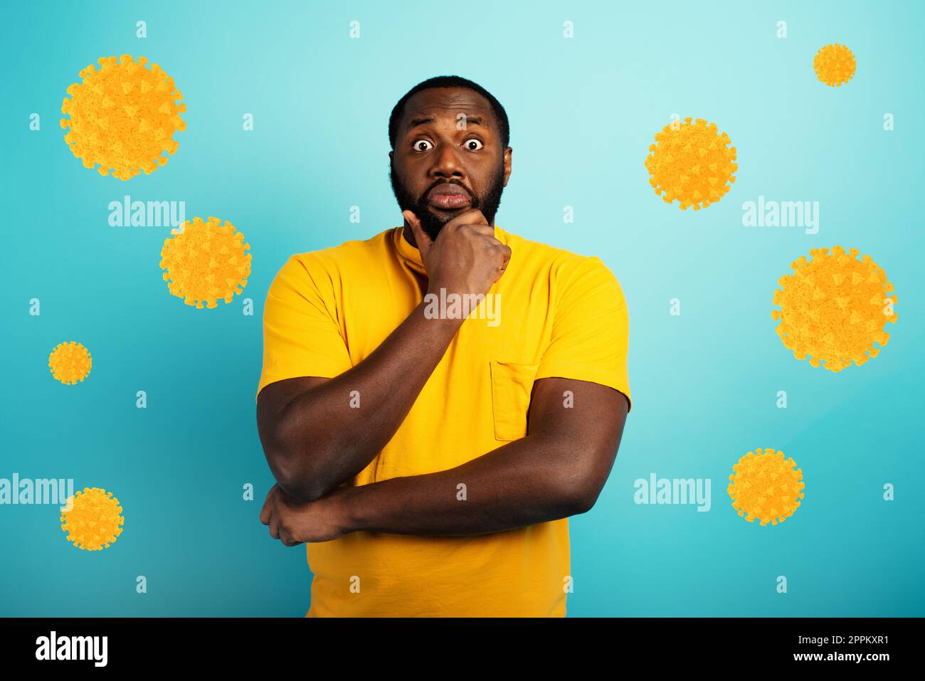 Fearful expression of a boy who is scared to catch the coronavirus ...