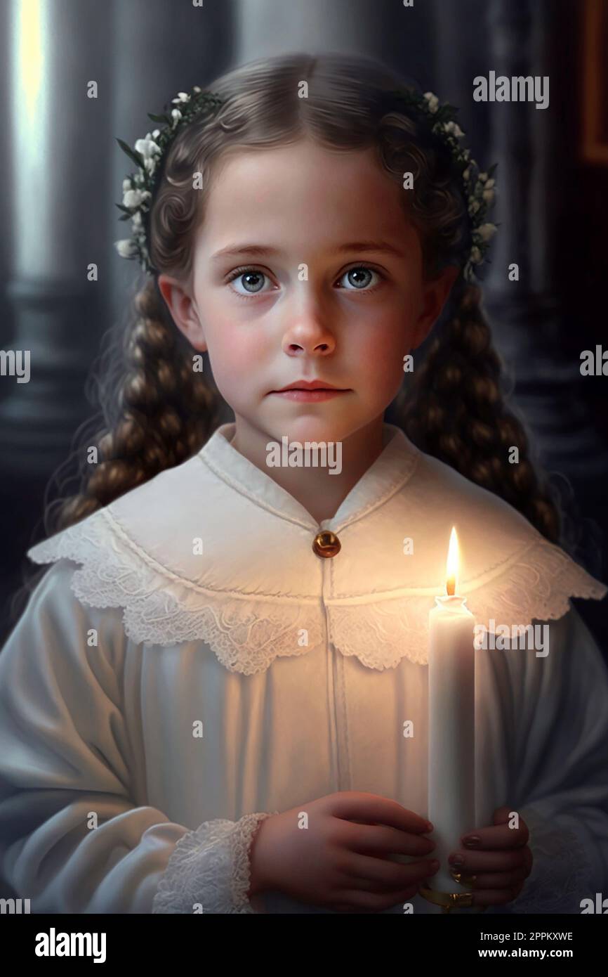 Photo of first communion girl praying at the kneeler. AI generativ ...