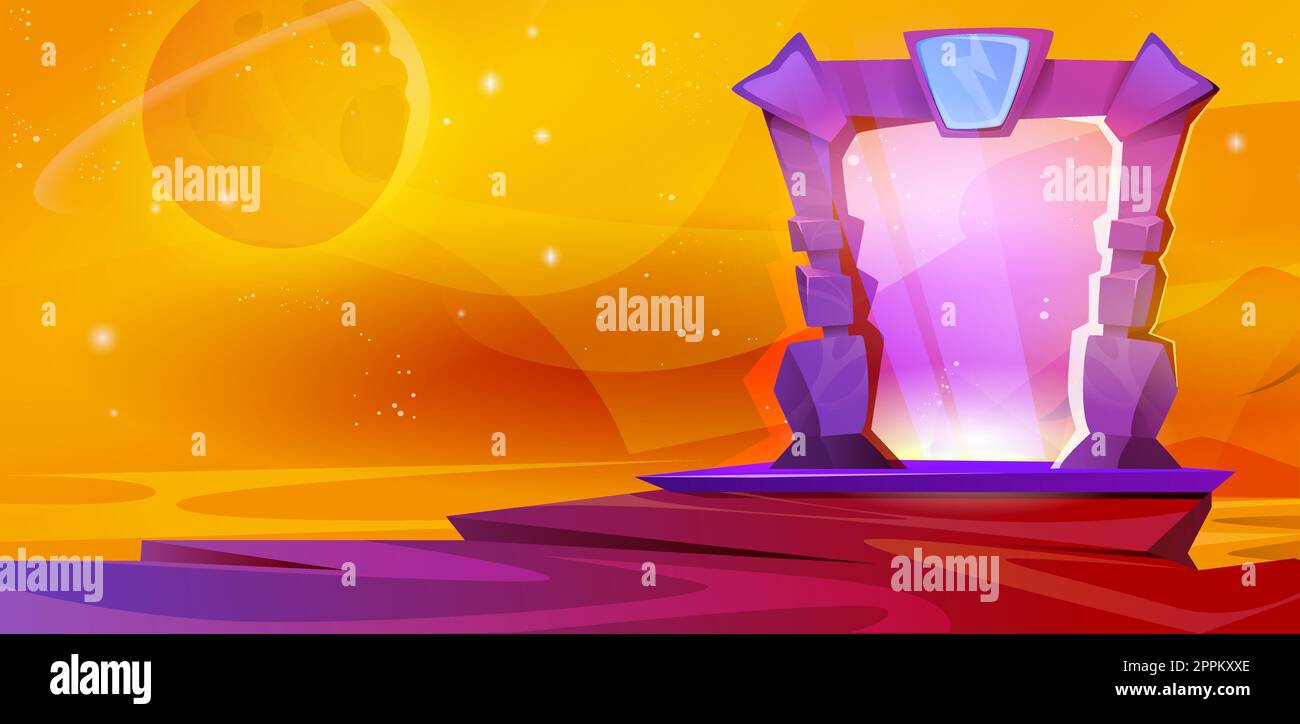 Cartoon vector illustration of magic portal in stone frame with purple ...