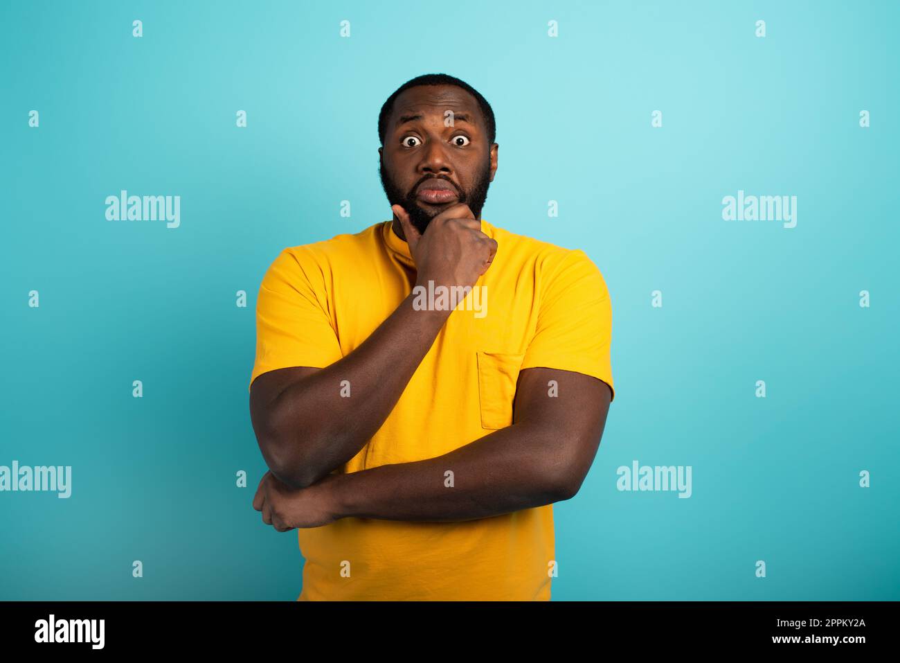 Confuse and pensive expression of a boy with many questions . cyan ...