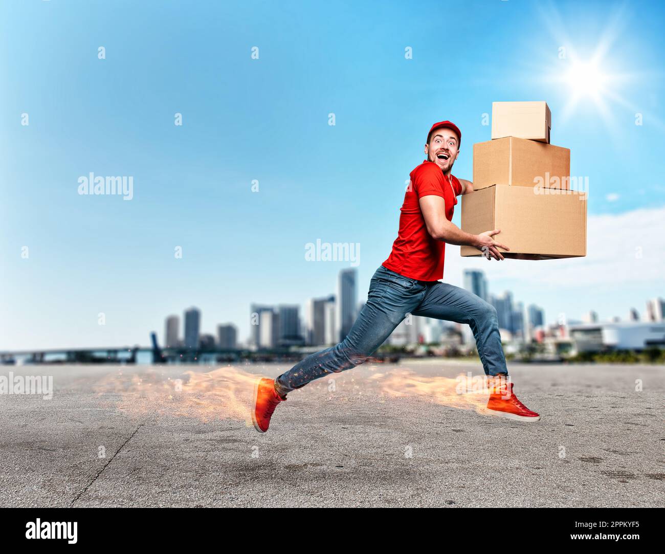 Courier with fiery feet has a lot of boxes to delivery. Emotional ...