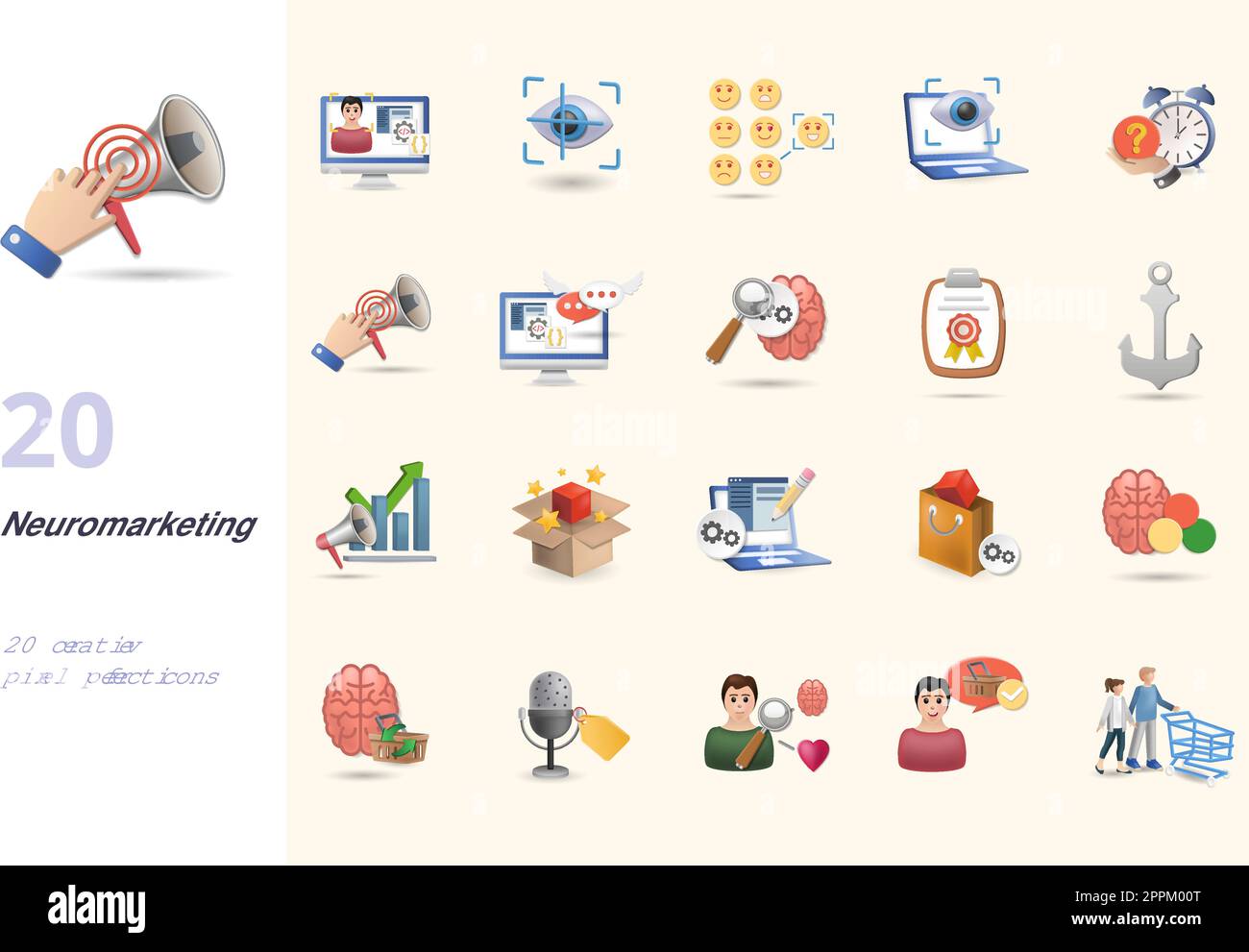 Neuromarketing set. Creative icons: facial coding, eye-tracking, emotion understanding ...