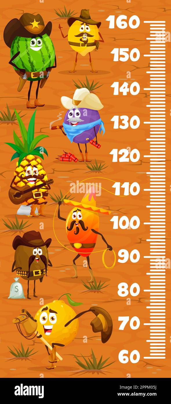 Kids height chart ruler cartoon fruit cowboy, ranger, sheriff and ...