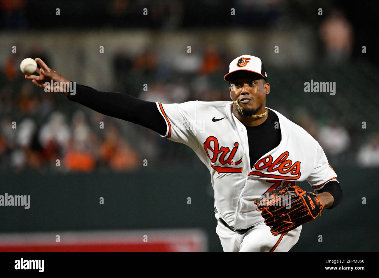 Baltimore Orioles relief pitcher Yennier Cano throws during the seventh inning of a baseball ...
