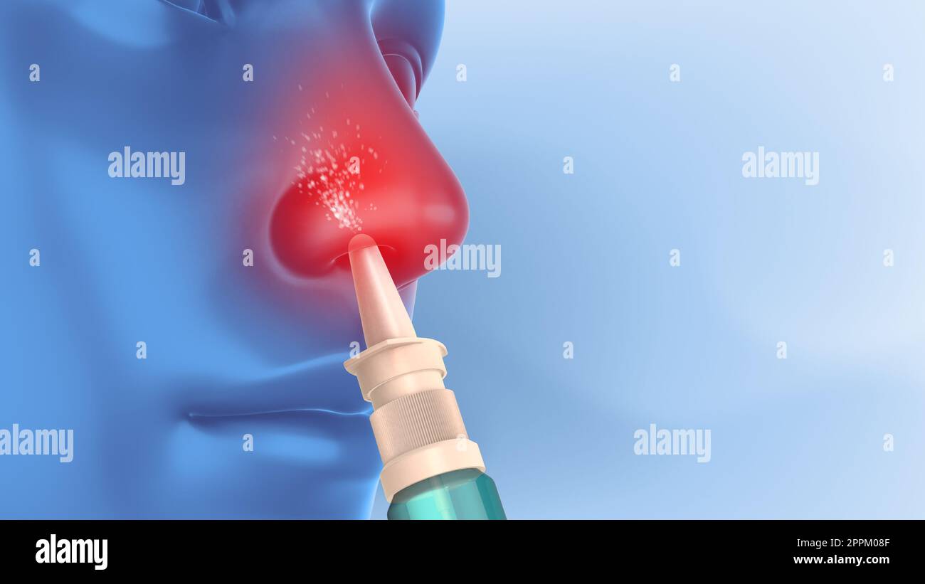 Clearing cold with decongestant nasal spray Stock Photo - Alamy