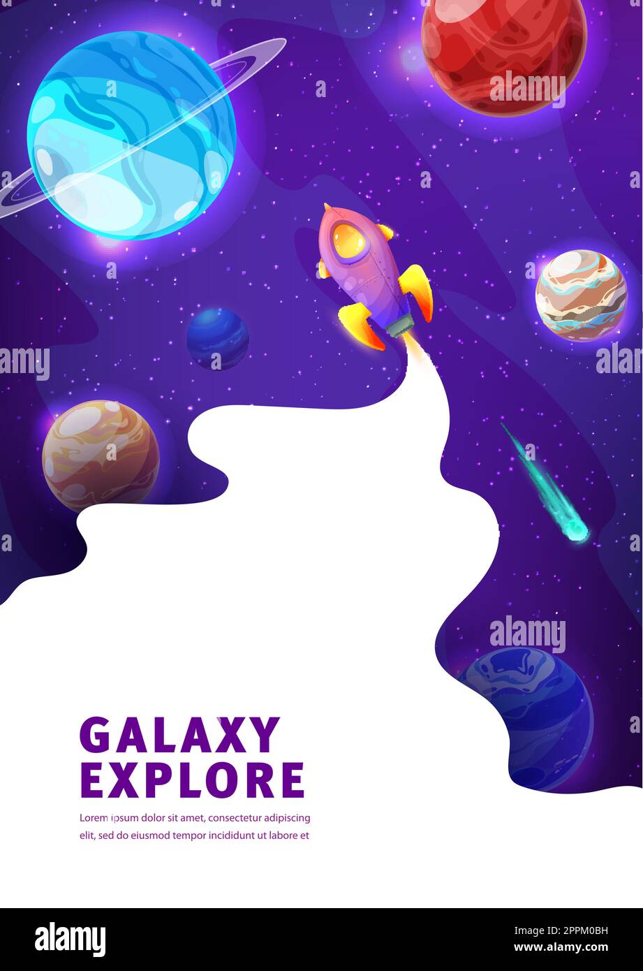 Space landing page. Galaxy landscape, spaceship launch, stars and ...