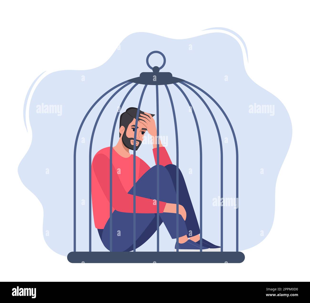 Sad man sitting inside the closed cage. Concept of restrictions on ...
