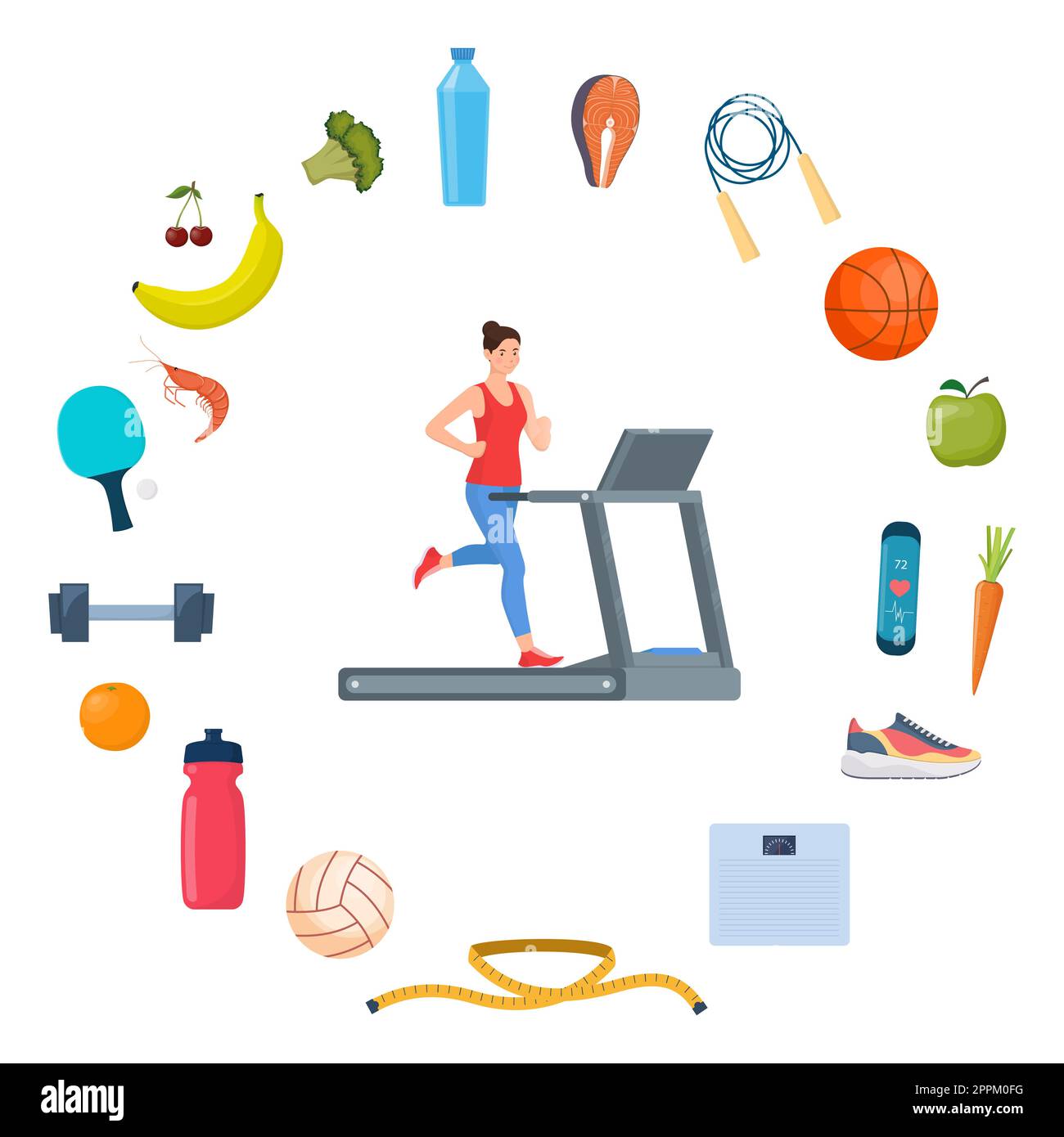 Young woman is running on a treadmill. Icons of healthy food ...