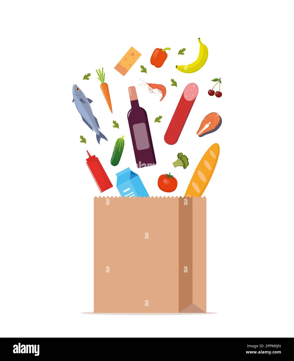 Fresh healthy products are dropped into a paper bag. Organic food from ...