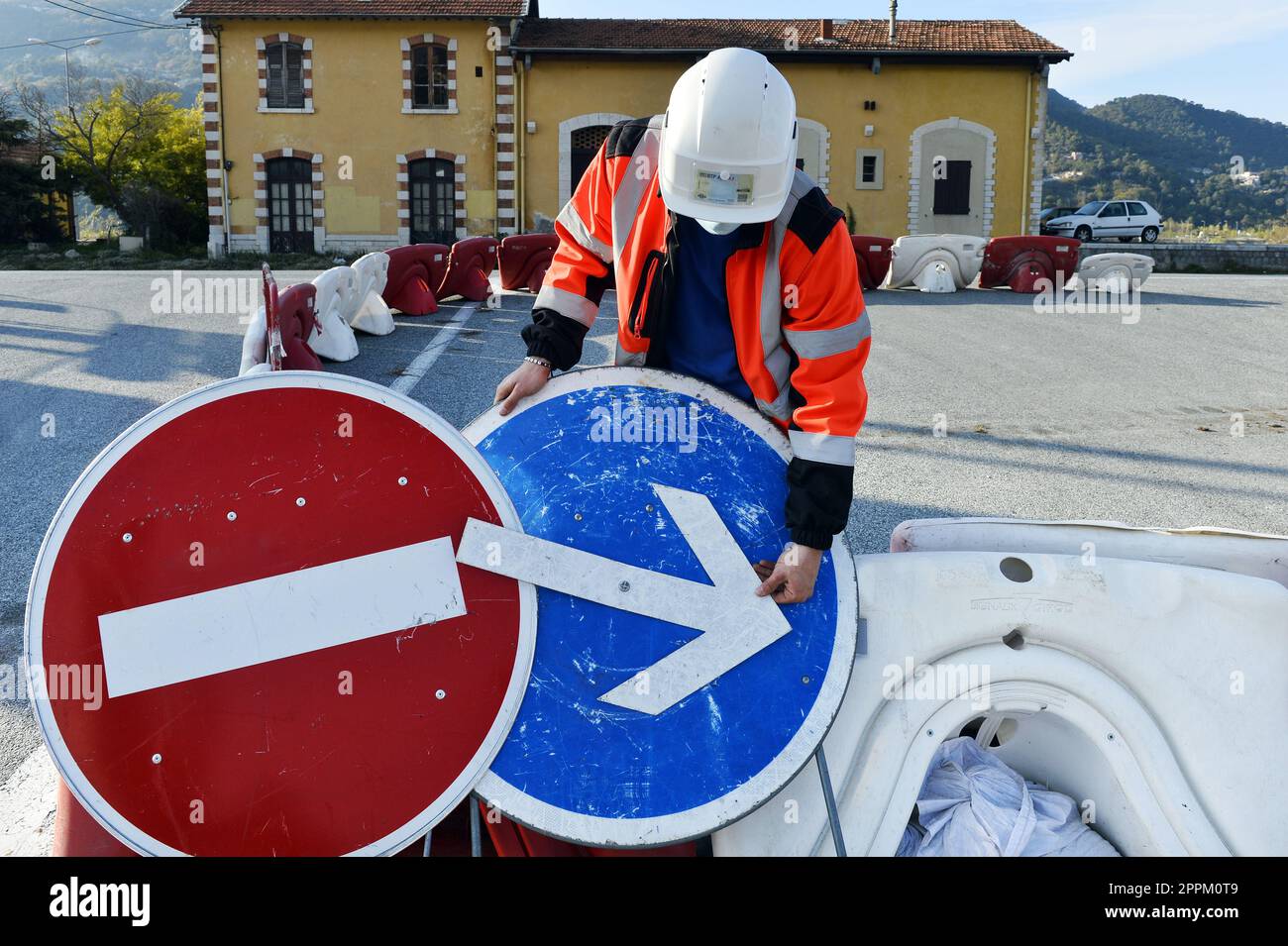 Road signs man on a worksite - France Stock Photo - Alamy