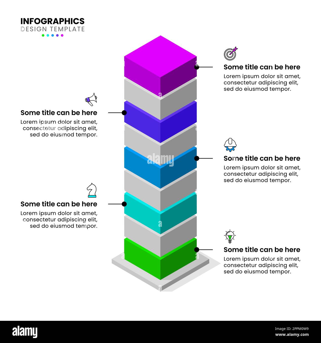 Infographic template with icons and 5 options or steps. Isometric tower. Can be used for ...