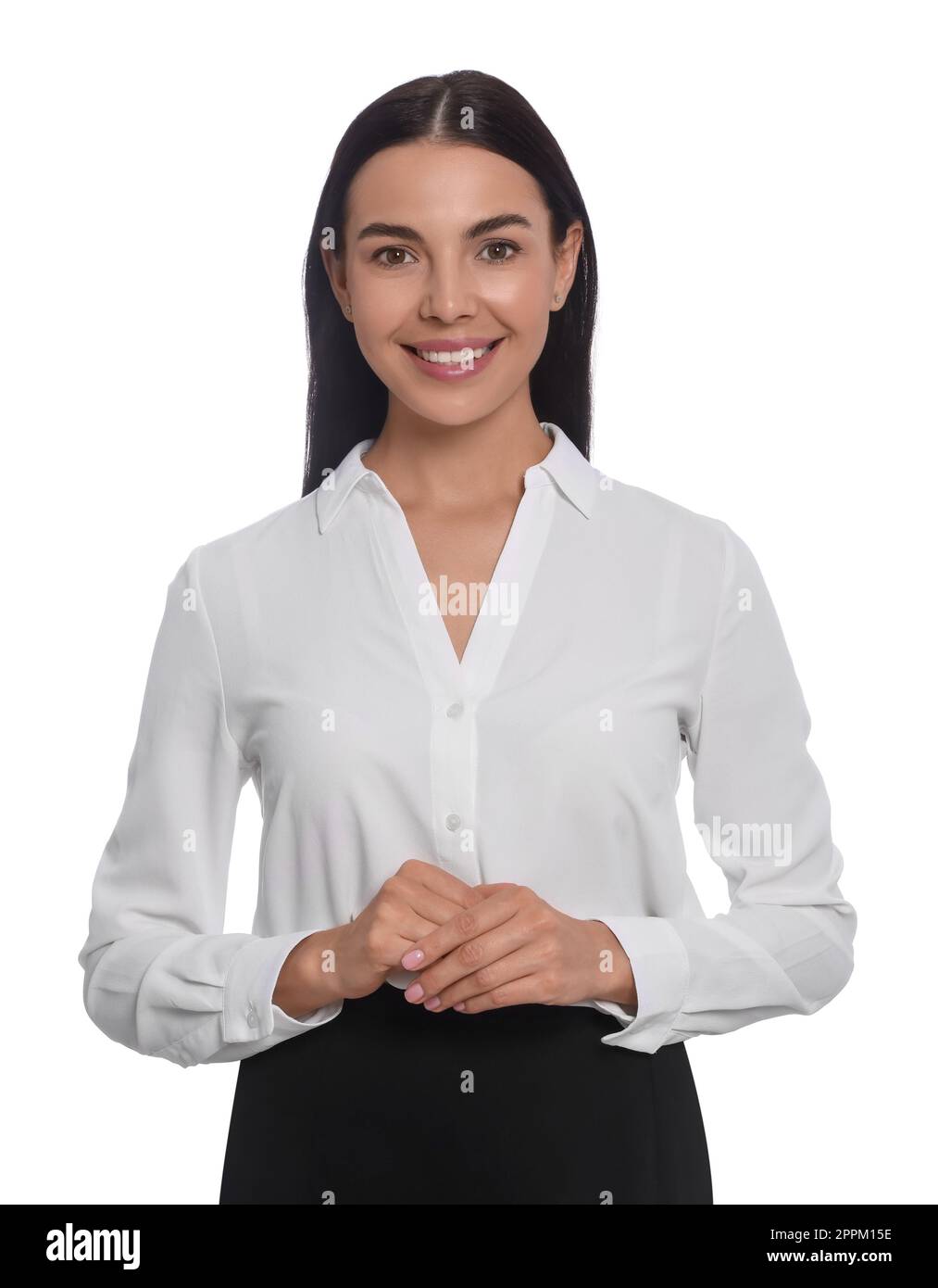 Portrait of hostess in uniform on white background Stock Photo - Alamy