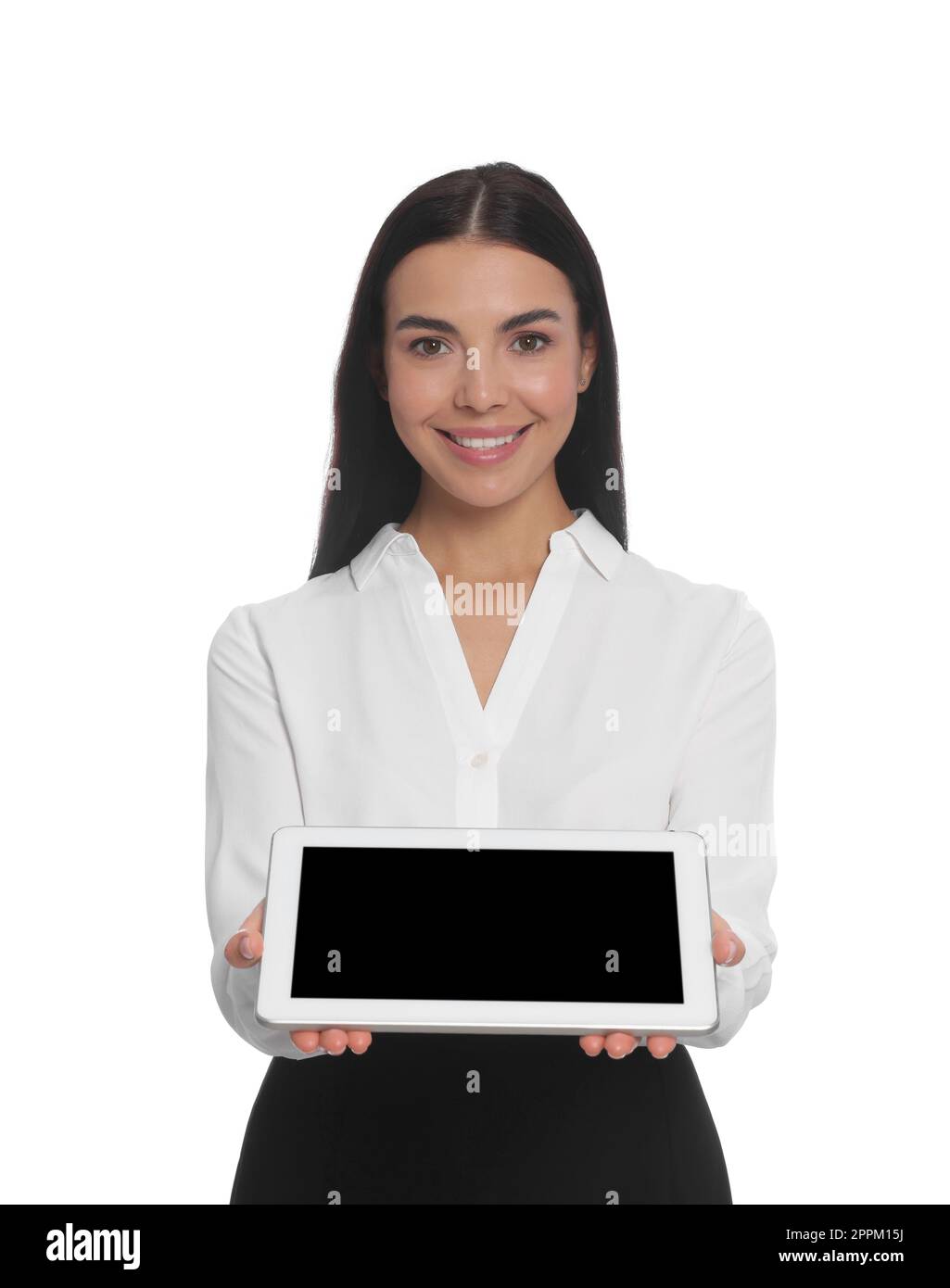 Portrait of hostess in uniform with tablet on white background Stock ...