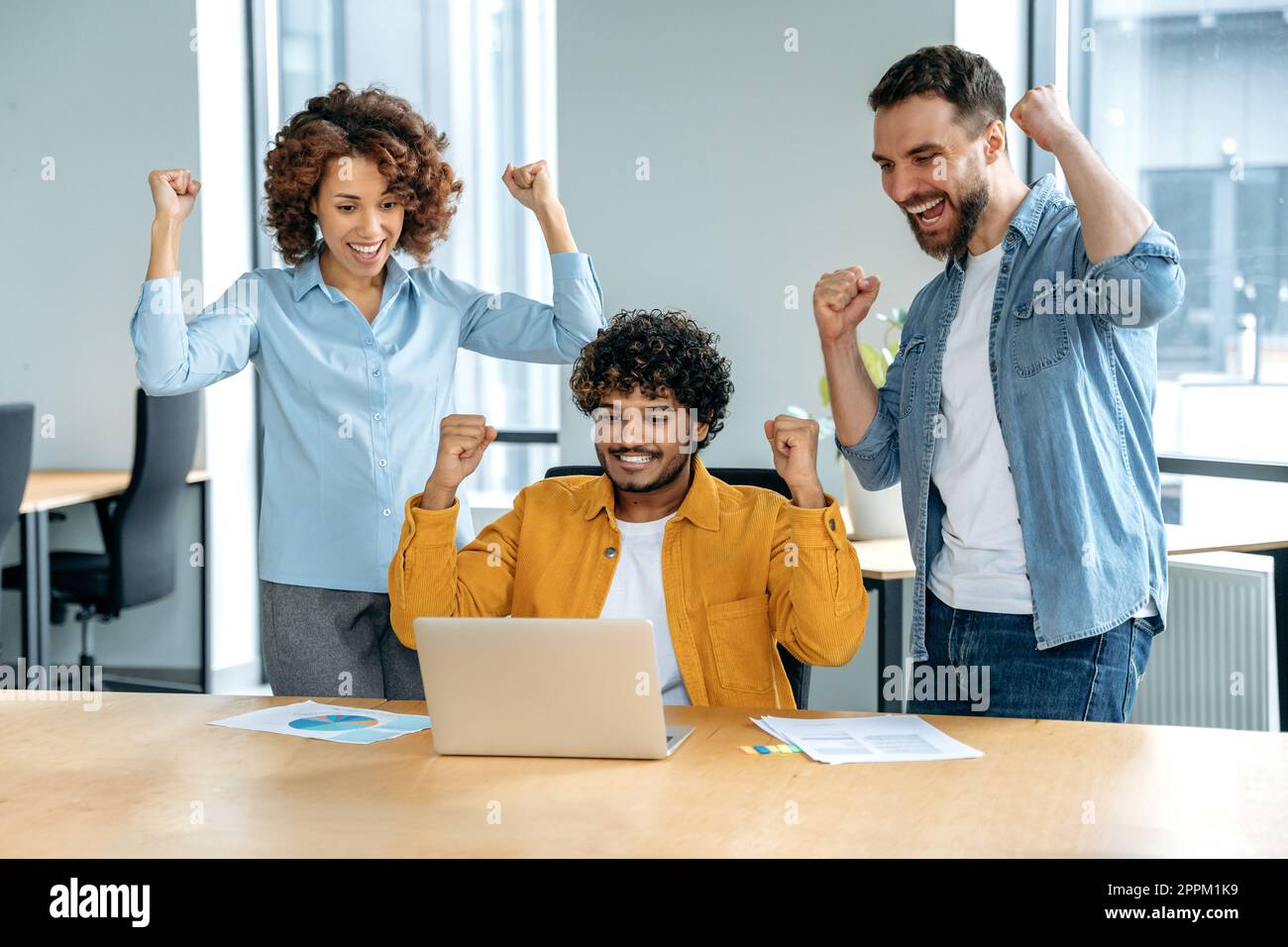 Good job, success. Successful people of different nationalities, creative business team, working ...