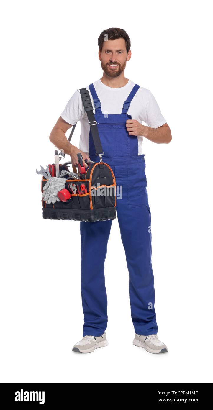 Professional plumber with tool bag on white background Stock Photo - Alamy