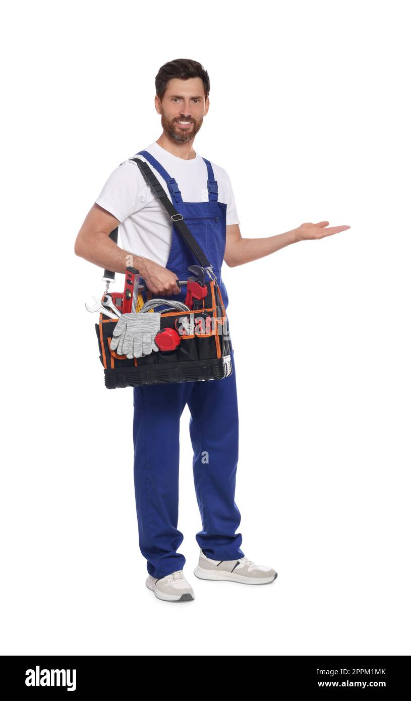 Professional plumber with tool bag on white background Stock Photo - Alamy