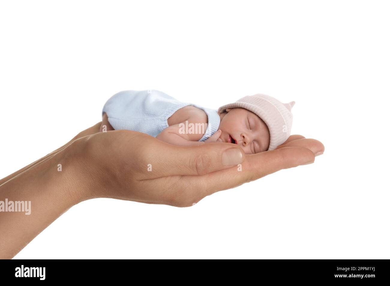 Surrogacy concept. Woman holding adorable newborn baby on white ...