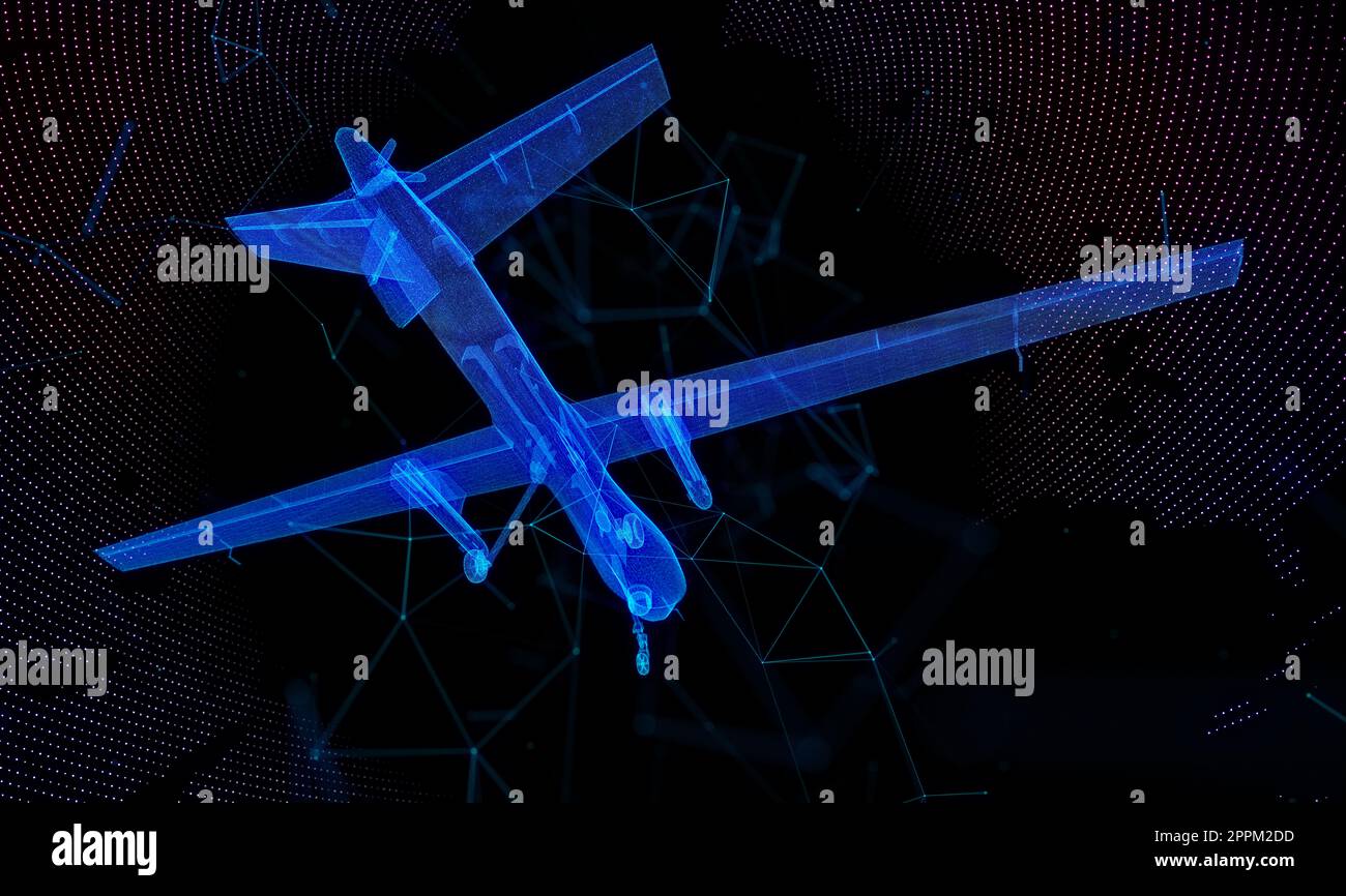 Glowing blue light 3d model Fighter Military drone with lines, dots and ...