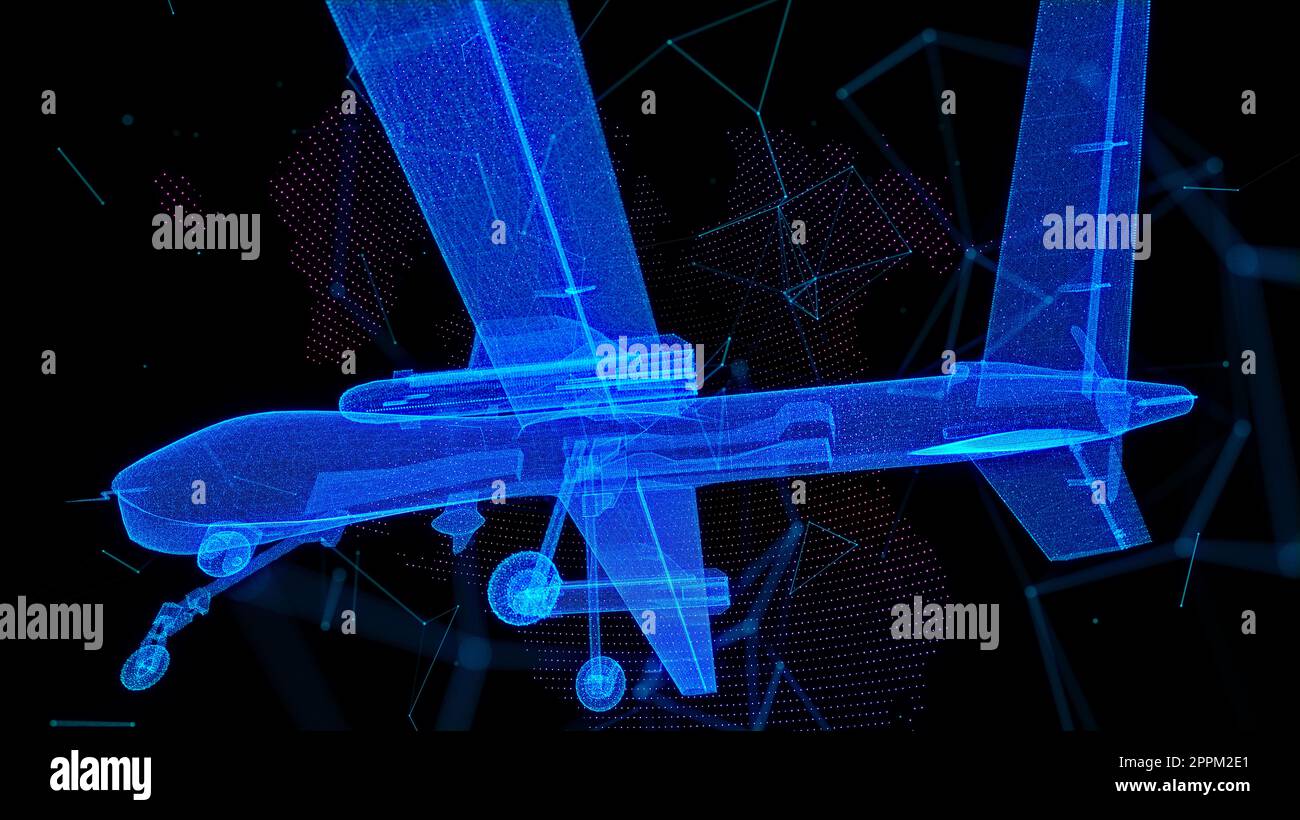 Glowing blue light 3d model Fighter Military drone with lines, dots and ...