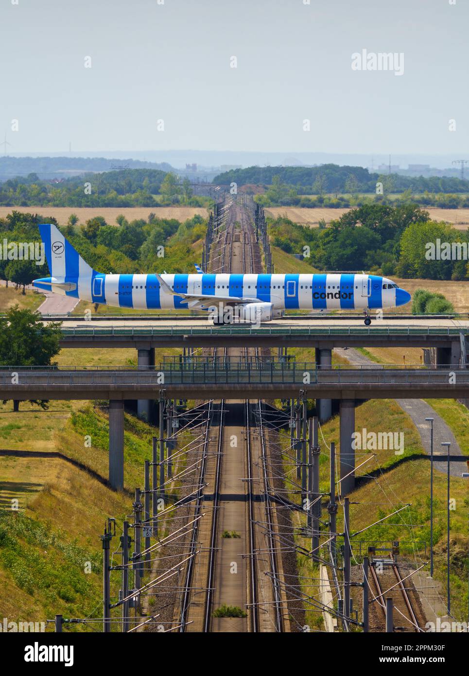 A blue striped Condor airbus plane is parked on a grassy runway ...