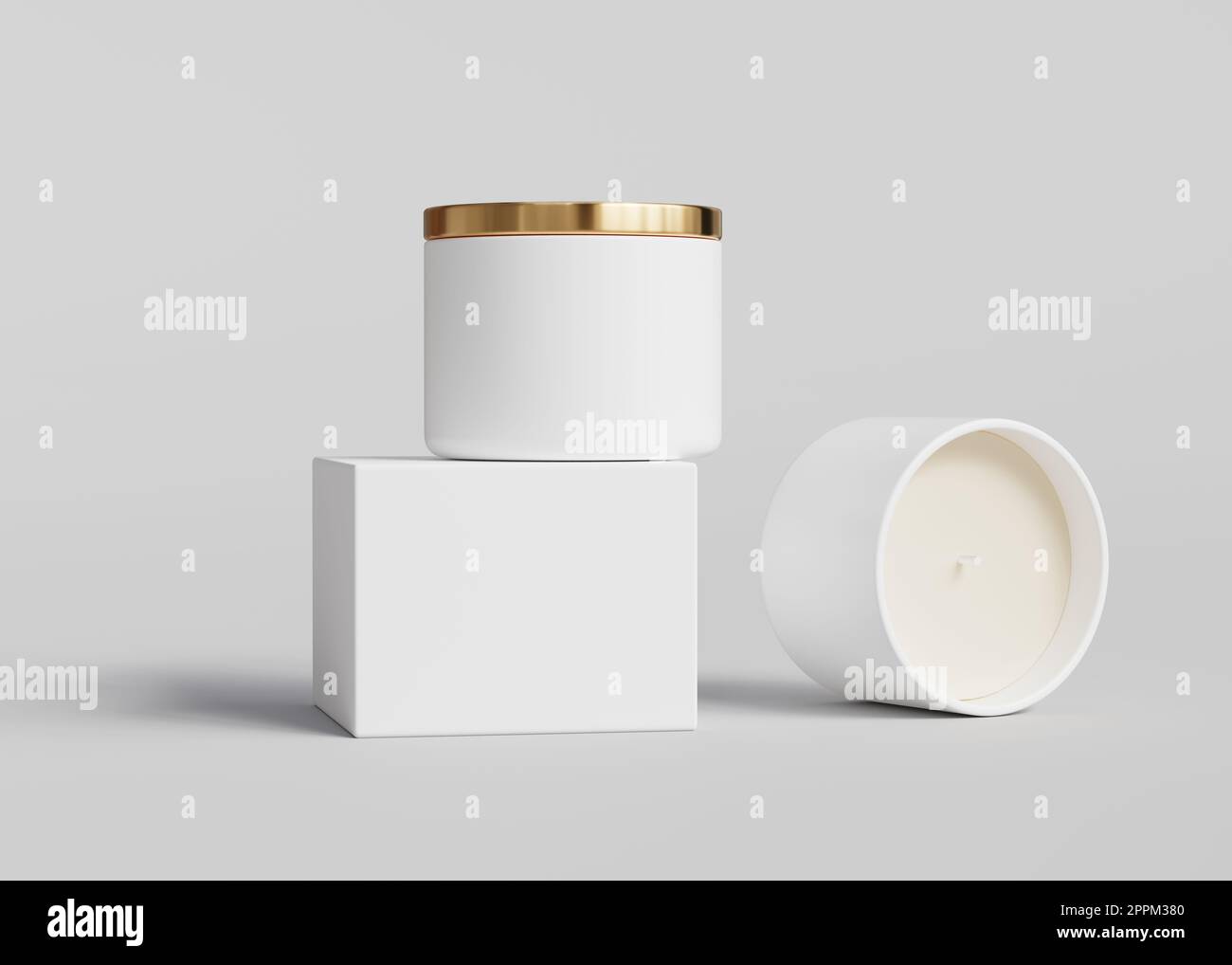 White ceramic candle jar with gold lid and empty box front view standing and laying mockup, 3D ...