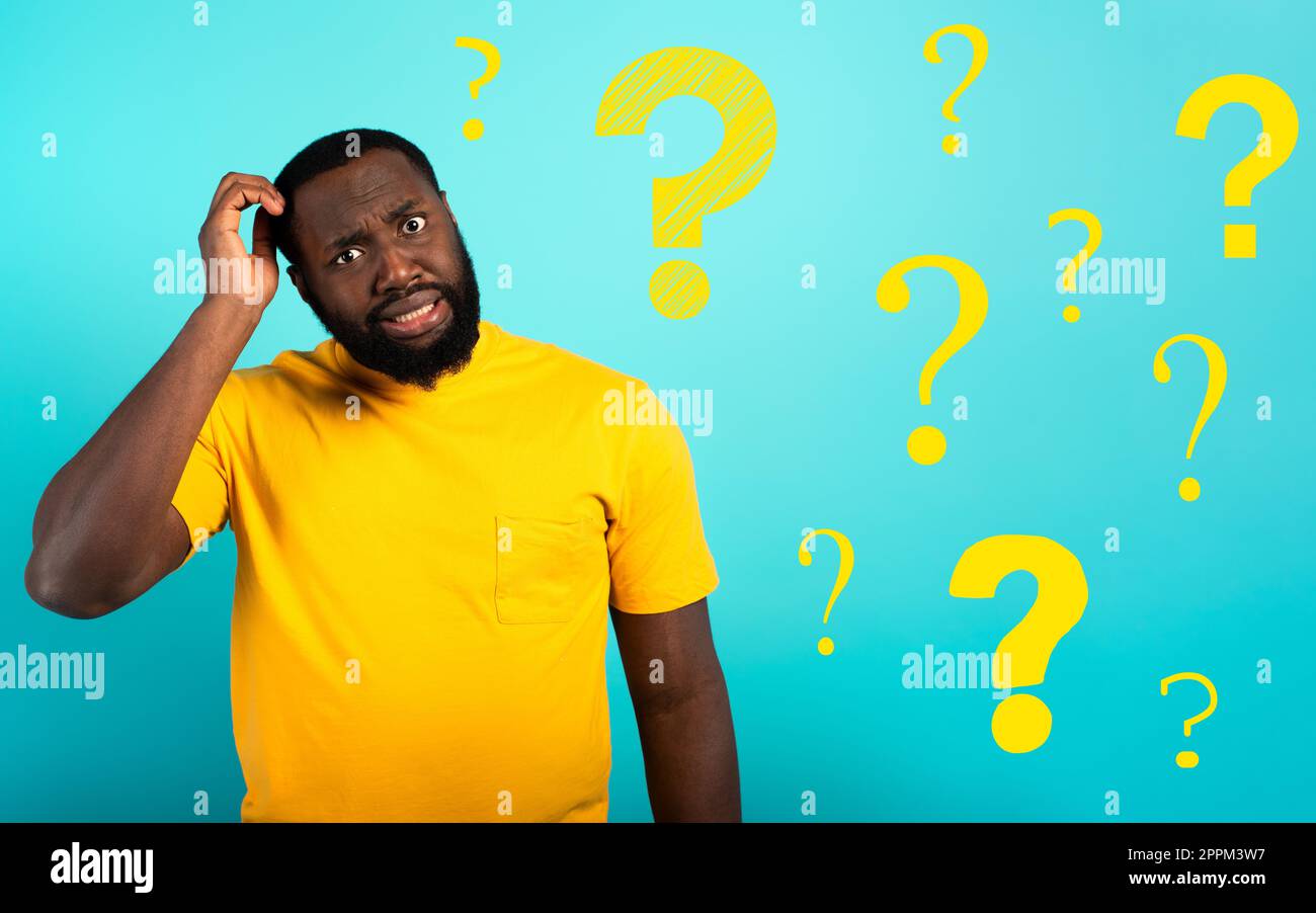 Confused and pensive expression of a boy with many questions . cyan ...