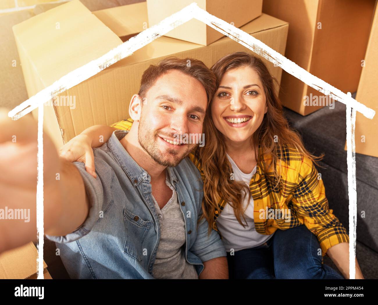 Happy couple have to move and arrange all the packages. Concept of ...