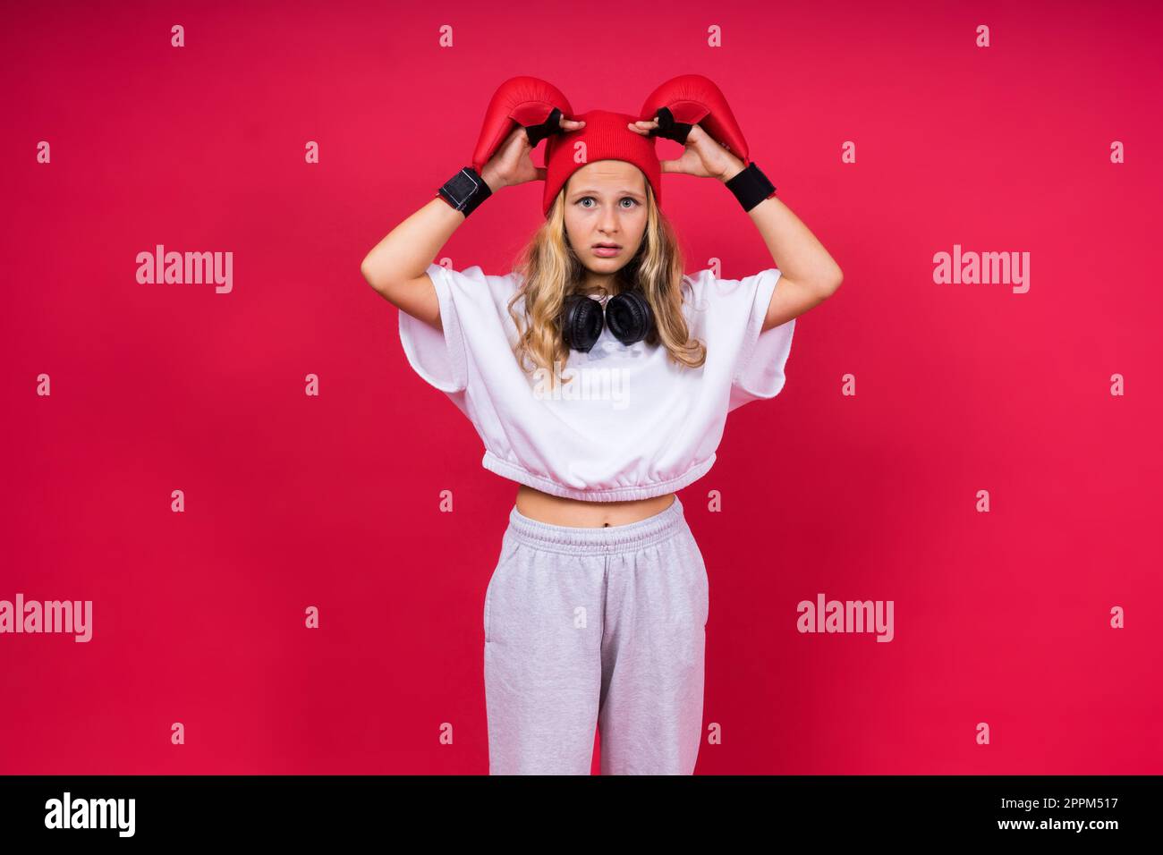 Little girl wearing red boxing gloves, studio shot, sport concept Stock ...