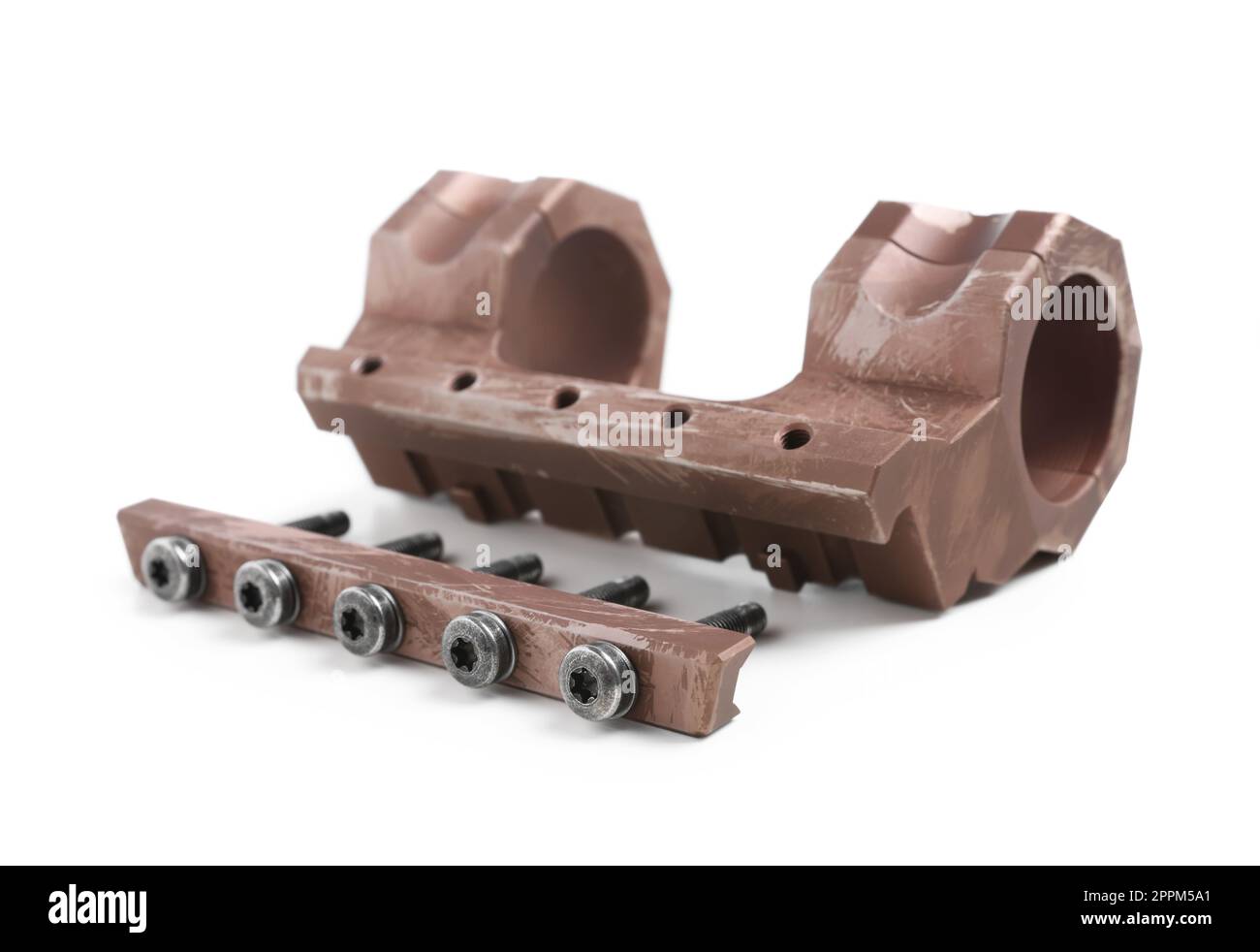 Disassembled quick disconnect sniper cantilever scope mount on white ...