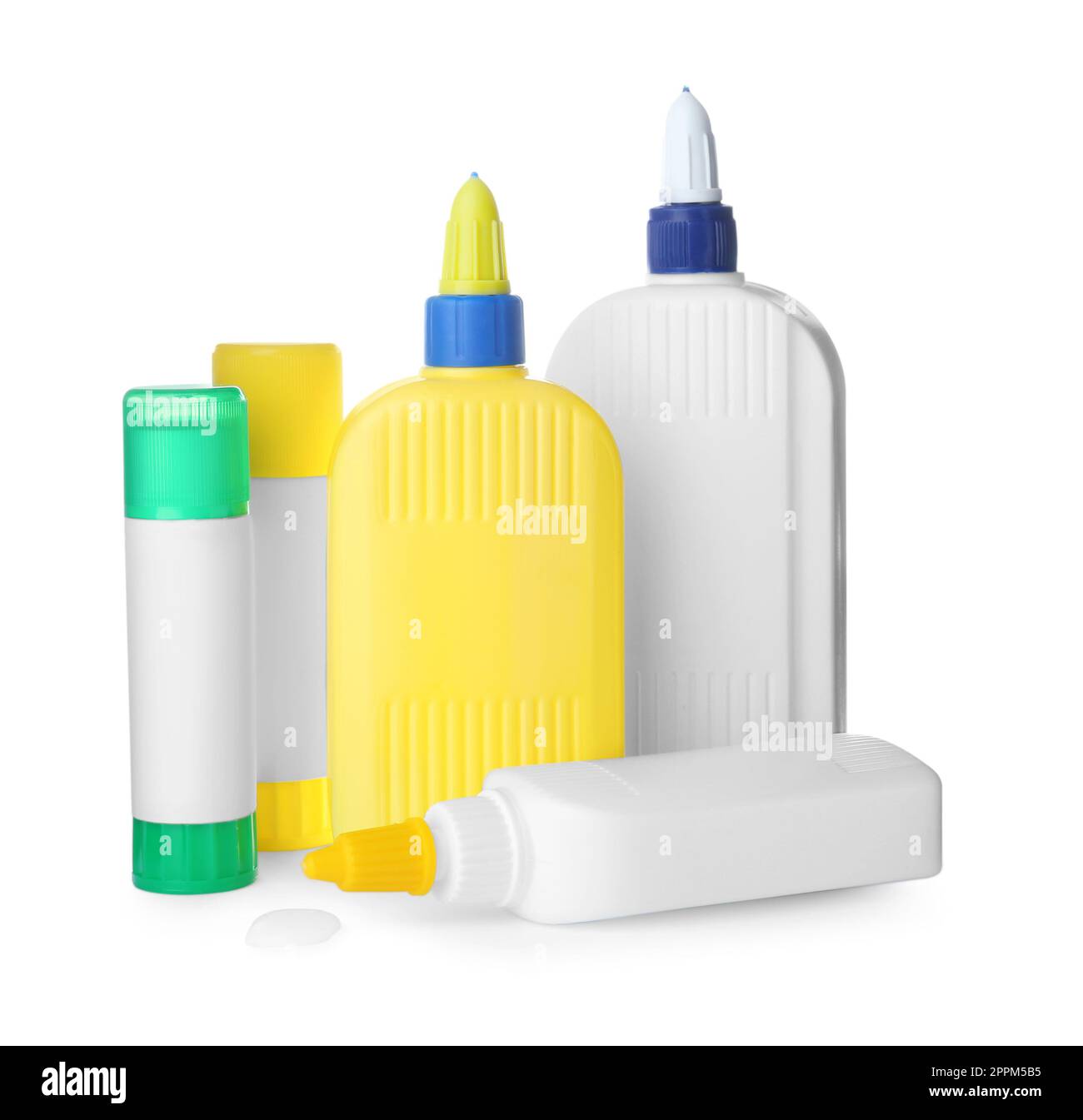 Different bottles and sticks of glue on white background Stock Photo ...