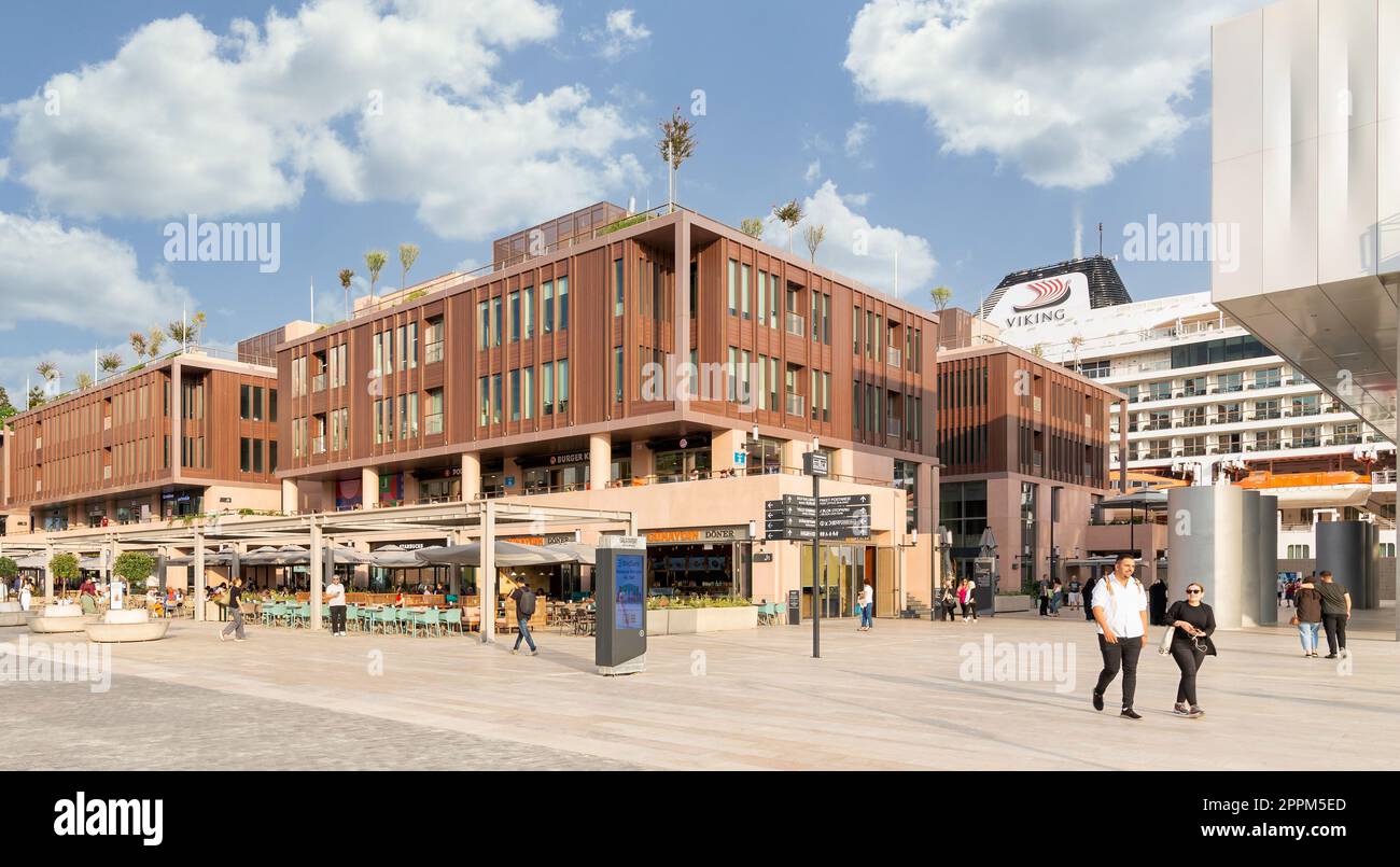 Galataport mall, with docked huge cruise ship in the far end, Bosphorus ...