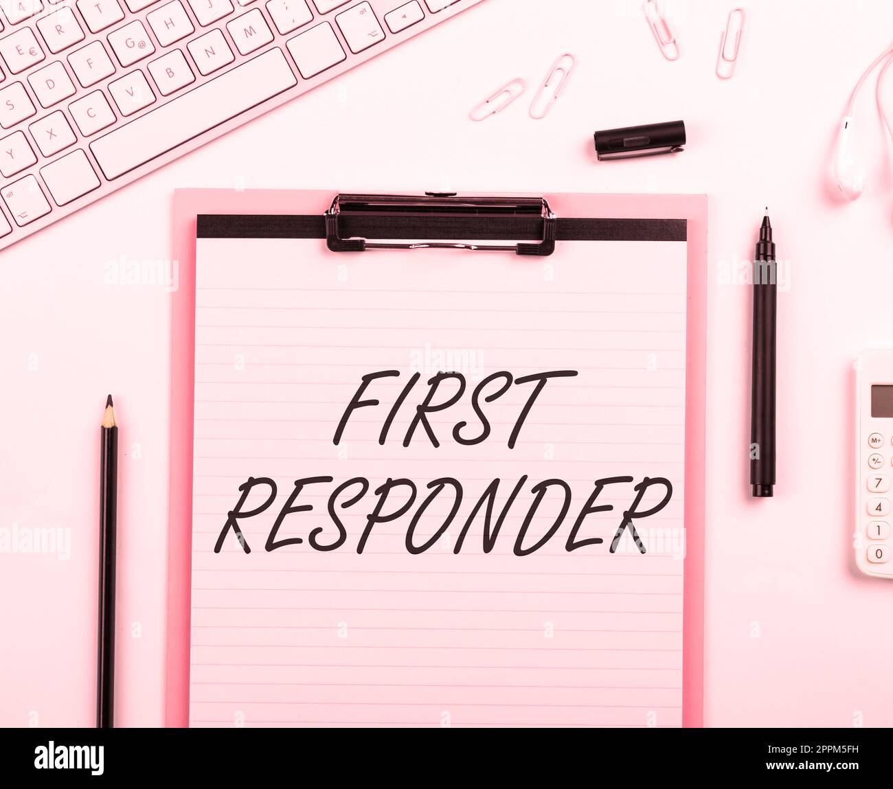 Sign displaying First Responder. Word Written on a person who is ...