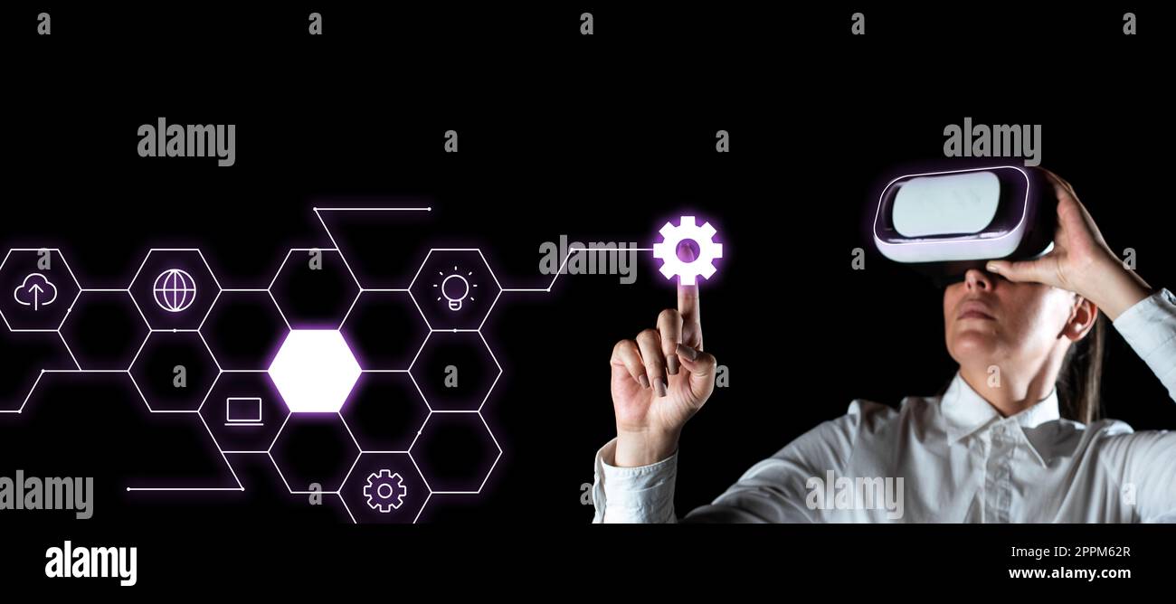 Woman Wearing Vr Glasses And Pointing On Important Messages With One ...