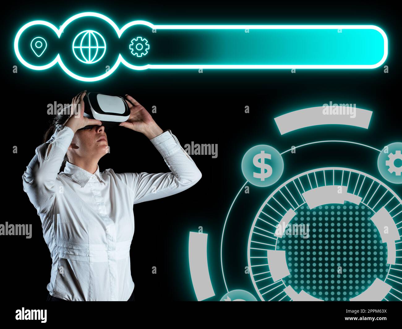 Lady in white shirt Wearing Vr Glasses And Looking On Important ...