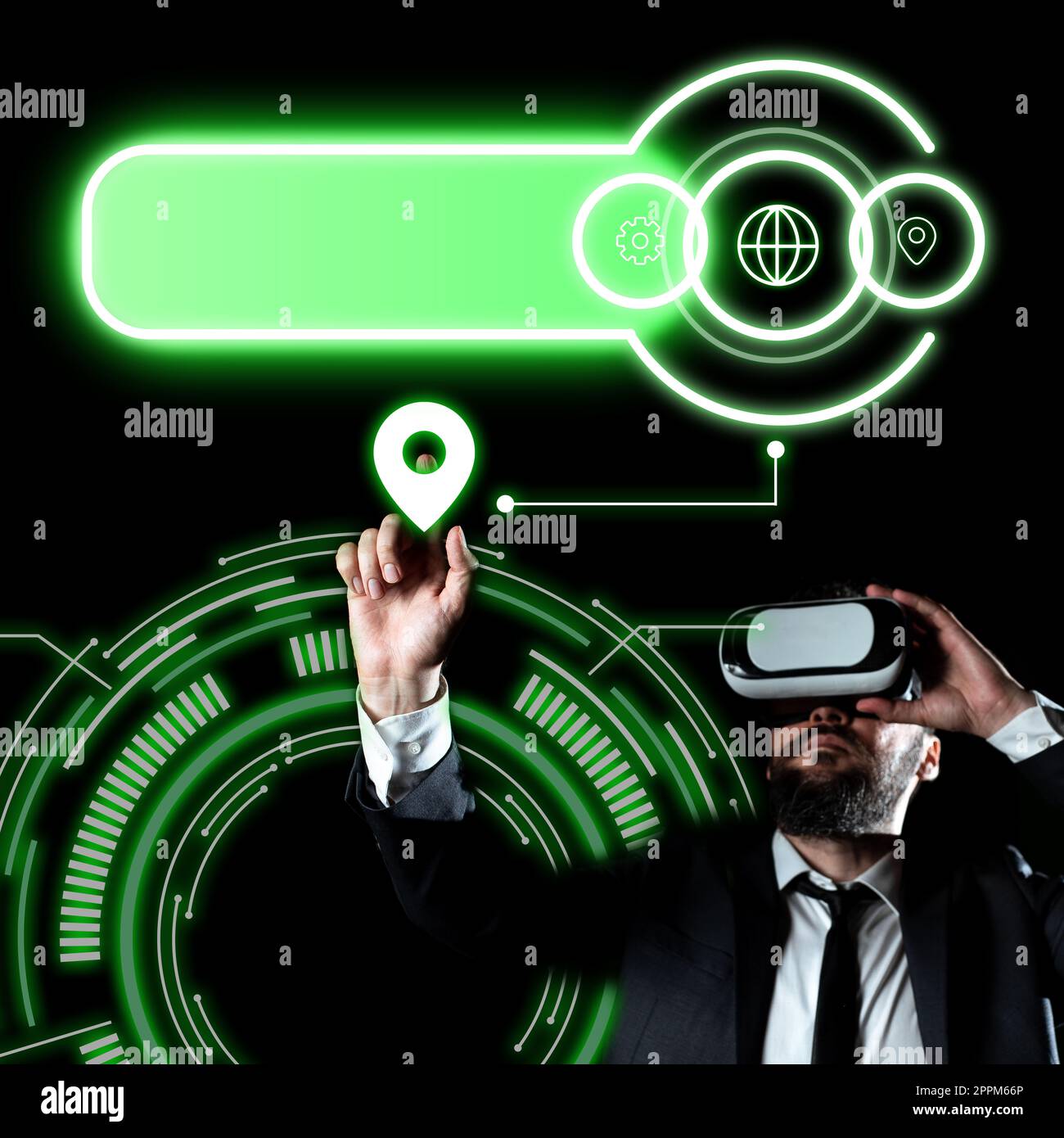 Businessman Wearing Vr Glasses And Pointing On Important Messages With ...