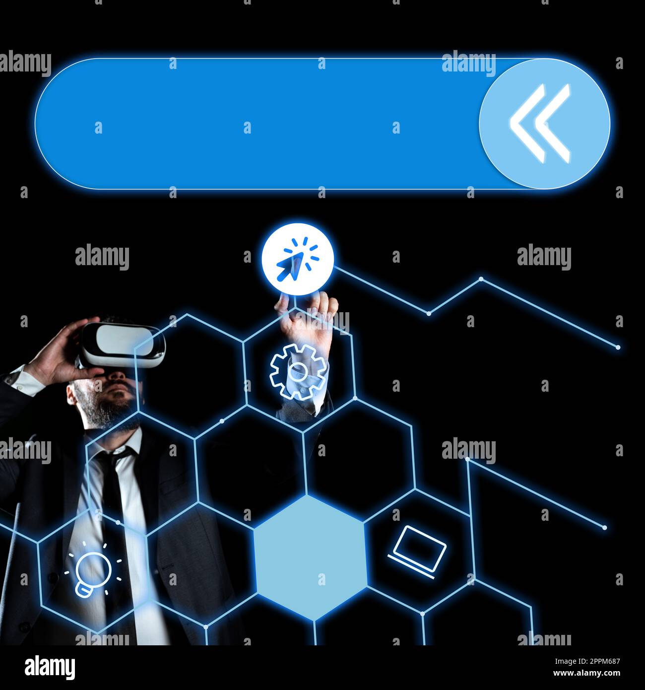 Businessman Wearing Vr Glasses And Pointing On Important Messages With ...