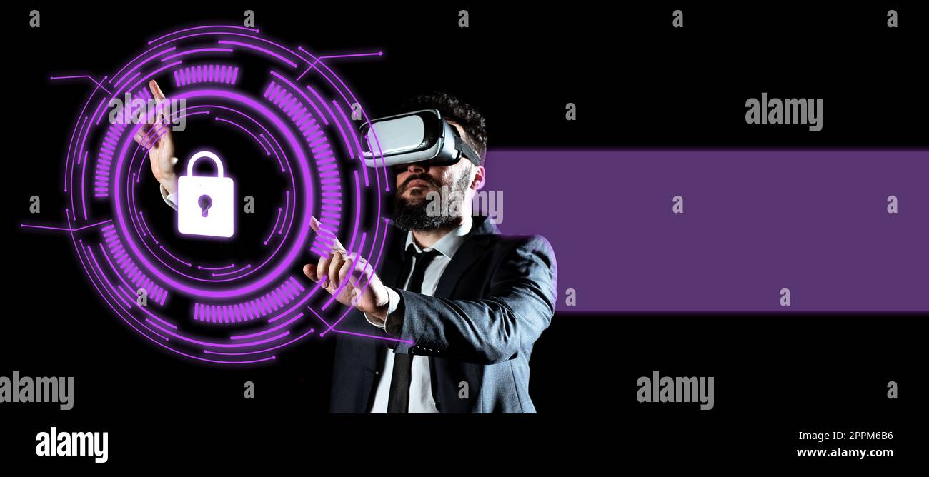Businessman in black office suit standing wearing VR glasses and ...