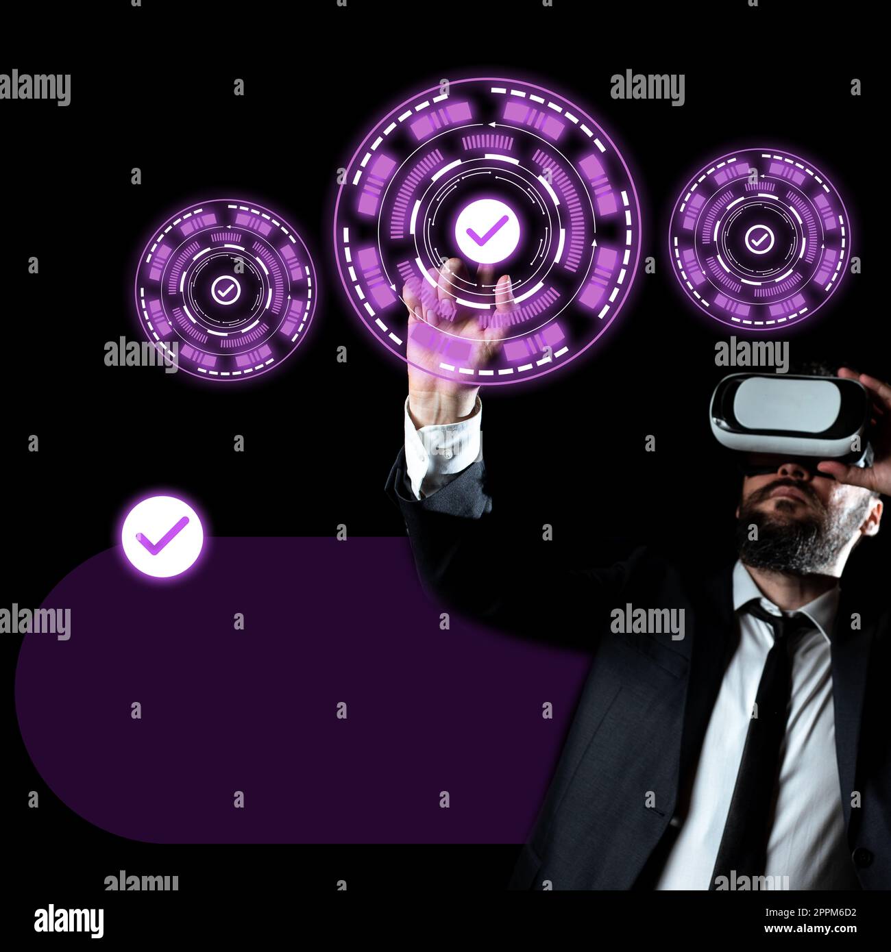 Businessman Wearing Vr Glasses And Pointing On Important Messages With ...
