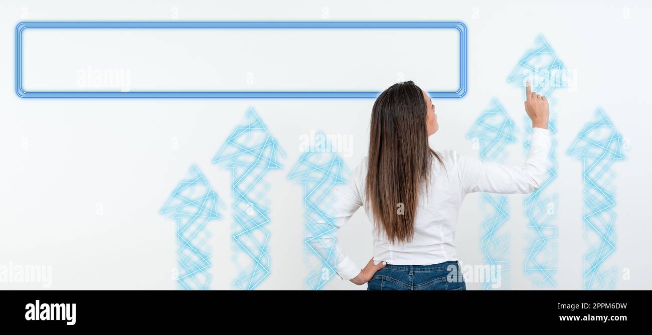 Businesswoman in white office sirt standing and pressing virtual button ...