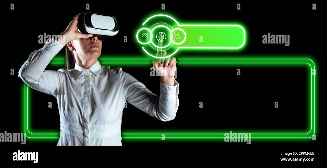 Woman Wearing Vr Glasses And Pointing On Important Messages With One ...