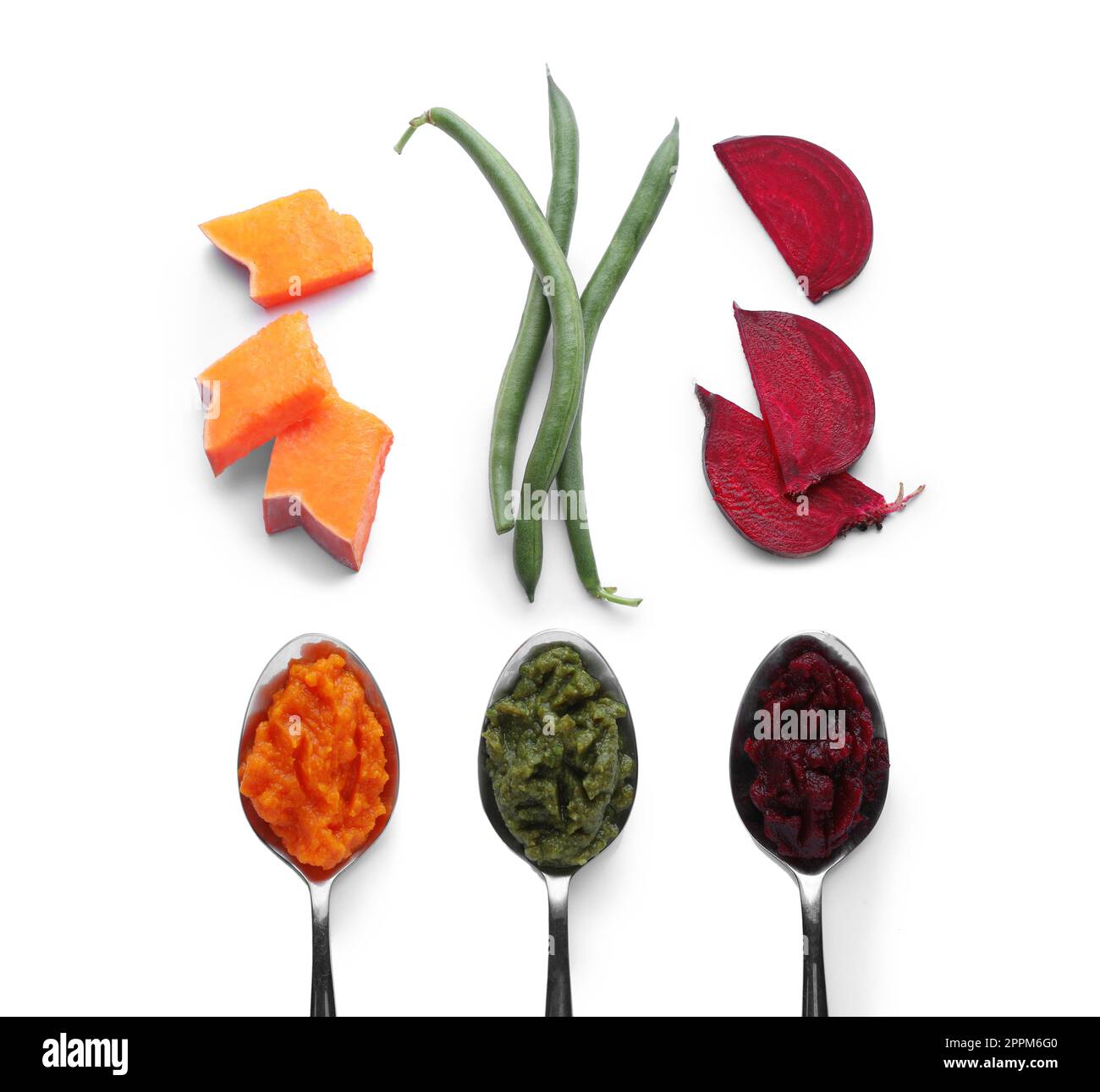 Spoons with tasty puree and different ingredients on white background ...