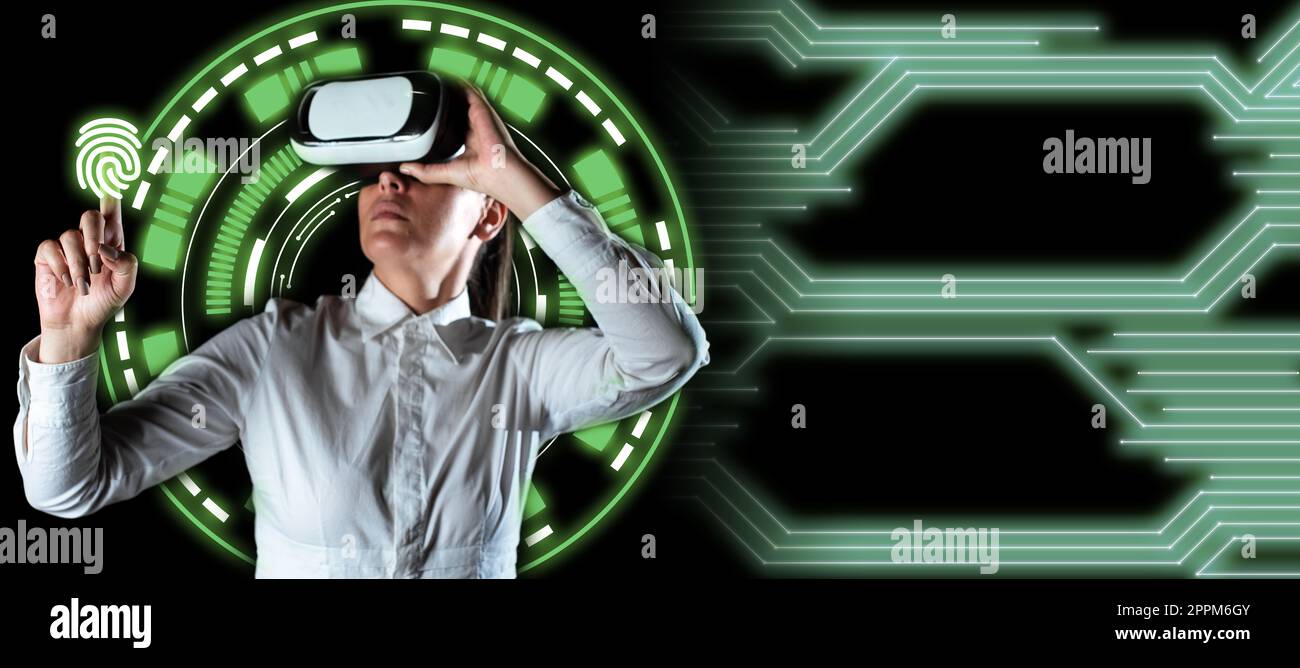 Woman Wearing Vr Glasses And Pointing On Important Messages With One ...